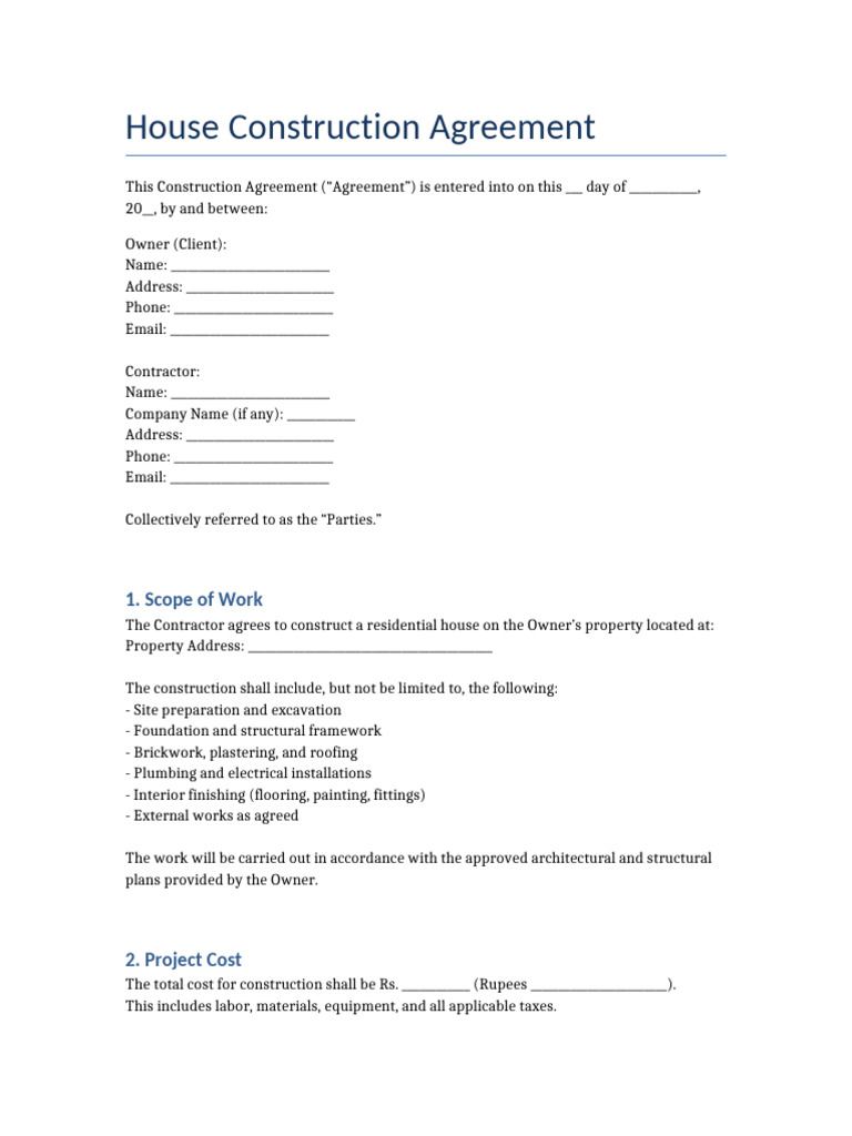 House Construction Agreement Template | PDF | Business Law | Private Law