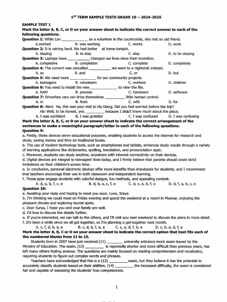1st TERM SAMPLE TEST - Grade 10 2024-2025 | PDF