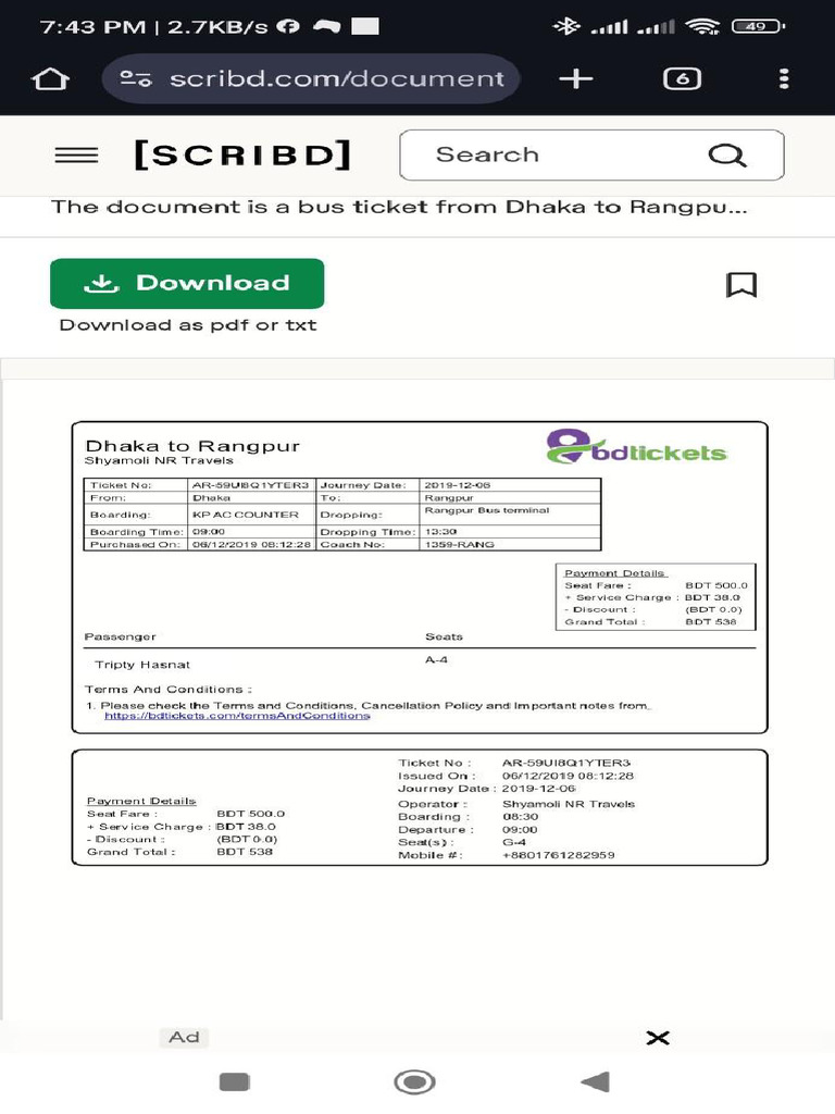 Dhaka To Rangpur Ticket | PDF