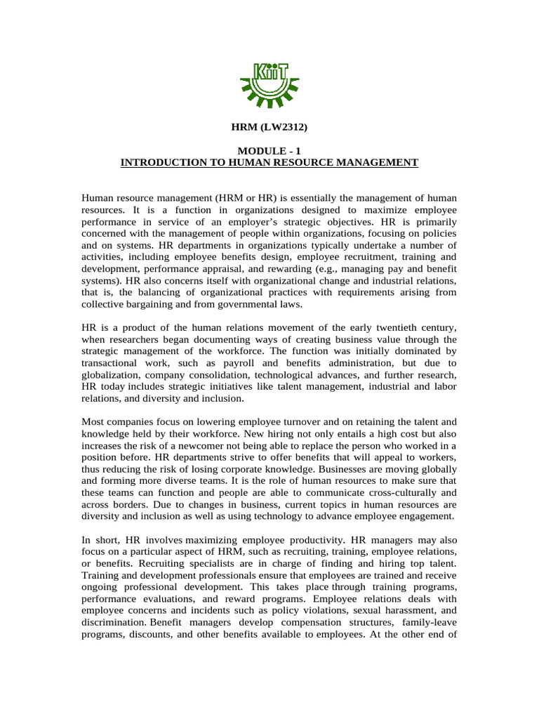 HRM-Lesson Plan-Module 1-Introduction To HRM | PDF | Human Resource ...