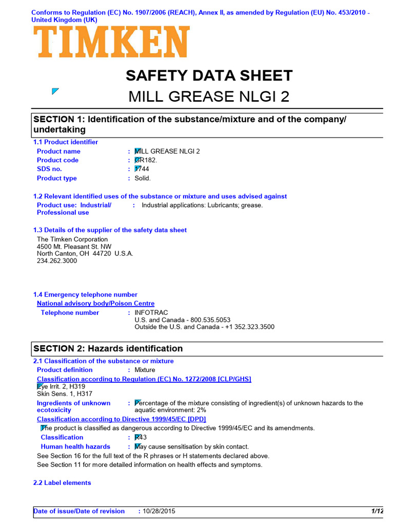 Gr182 Csn2805000 Uk Mill Grease Nlgi 2 | PDF | Toxicity | Personal ...