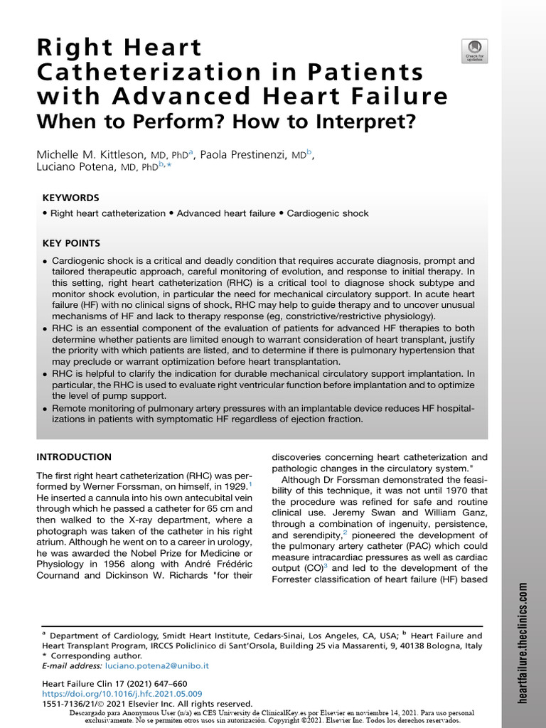 4 Right Heart Catheterization in Patients With Advanced Heart Failure | PDF | Heart | Cardiology