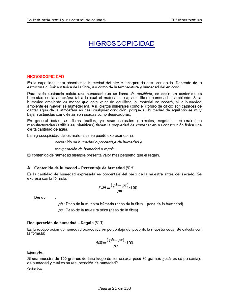 Higroscopicidad en Fibras Textiles | PDF | Materiales