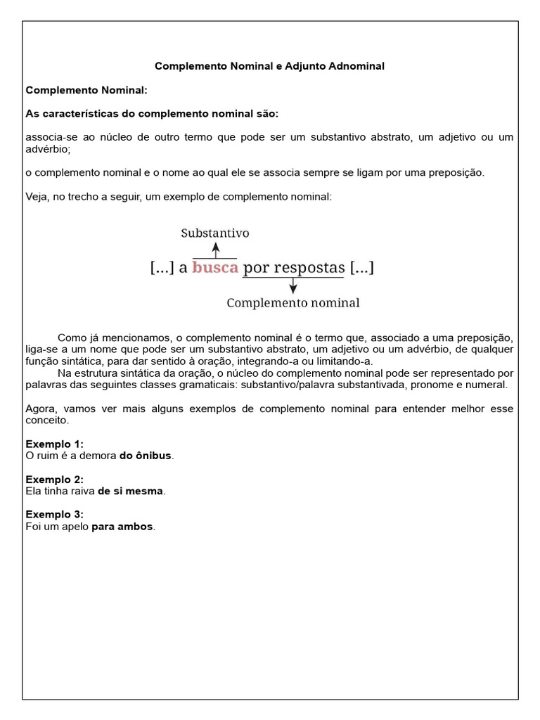 Exercícios - Complemento Nominal e Adjunto Adnominal | PDF | Substantivo | Pronome