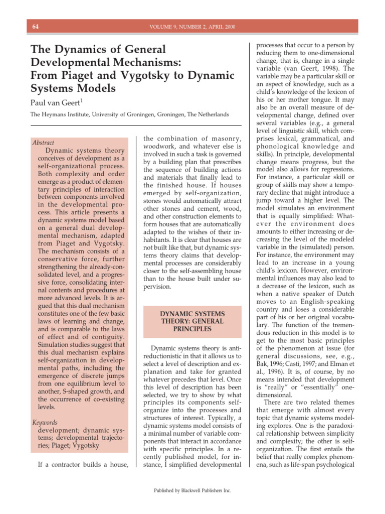 From Piaget and Vygotsky To Dynamic Systems Models | PDF | Developmental Psychology | Self ...