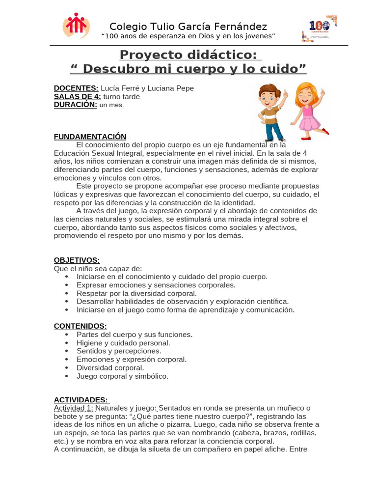 Proyecto "Descubro y cuido mi cuerpo" | PDF | Educación de la primera ...