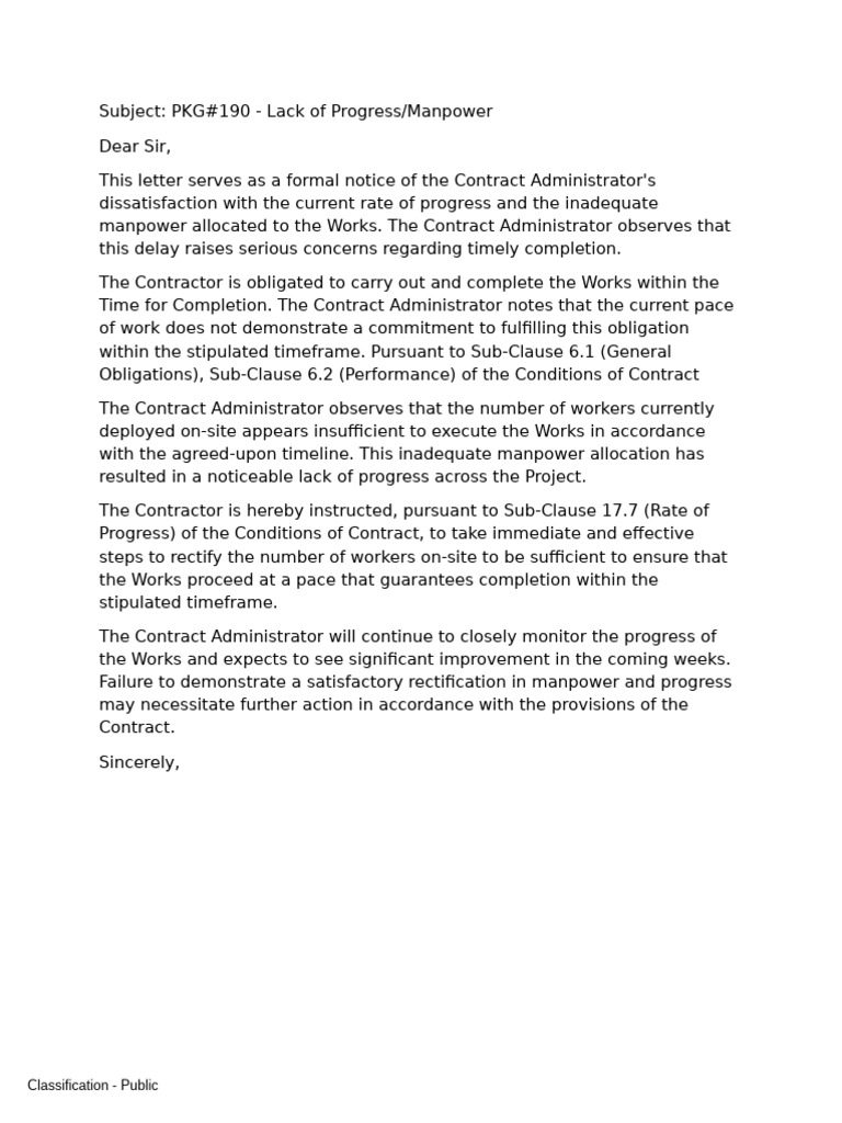 To Contractor - Lack of Progress - Manpower | PDF