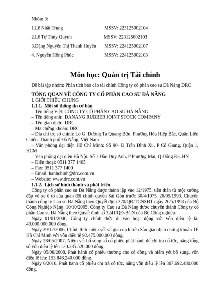 Bài Tập Nhóm 3.phân Tích BCTC DRC Công Ty Cổ Phần Cao Su Đà Nẵng | PDF