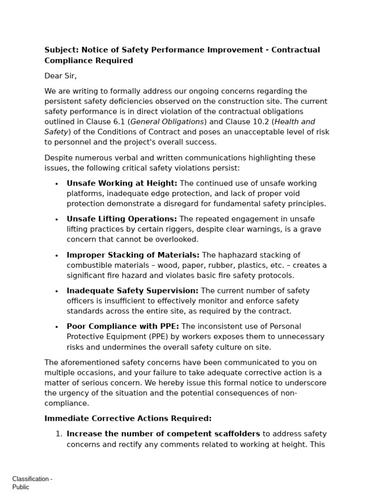 Safety-Notice of Safety Performance Improvement - Contractual ...