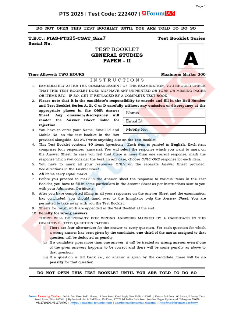 PTS 2025 General Studies Test Booklet | PDF | Tourism | Foods