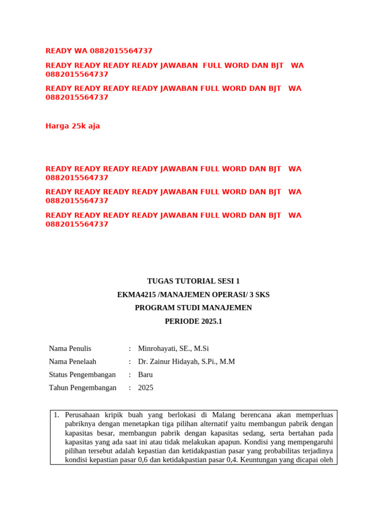 Jawaban Tugas 1 Ekma4215 Manajemen Operasi Ready Wa 0882015564737 | PDF
