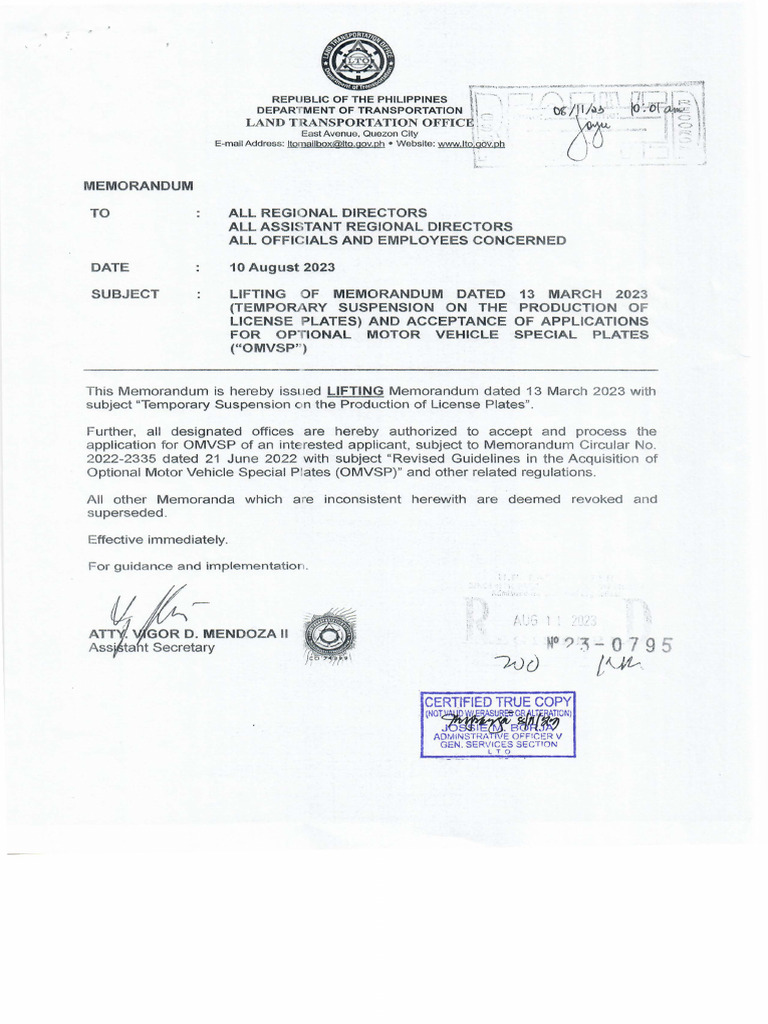 Memo 08102023 | PDF | Motor Vehicle | Vehicles