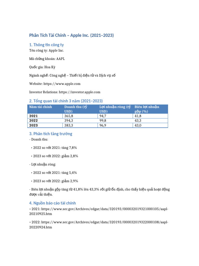 Apple Inc Financial Analysis 2021 2023 | PDF