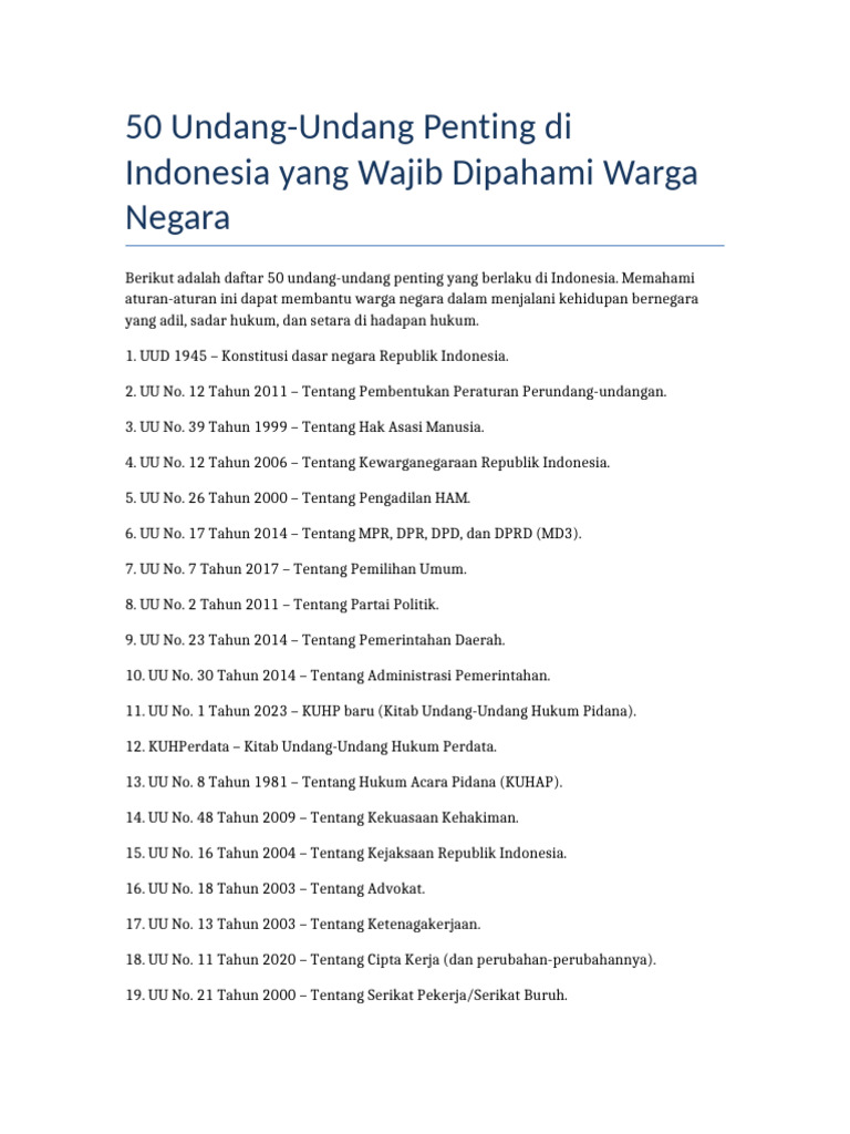 50 UU Penting untuk Warga Negara Indonesia | PDF