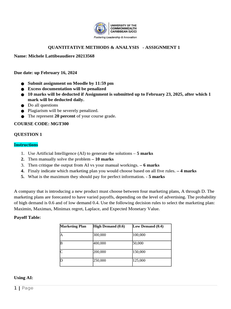 Assignment 1 - Febrauray 2025 - Michelle - 20213568 | PDF | Applied Mathematics | Statistical ...