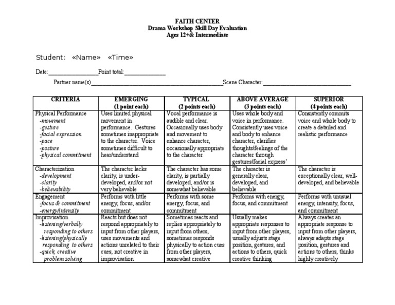 12+ Drama Skill Day Rubric | PDF