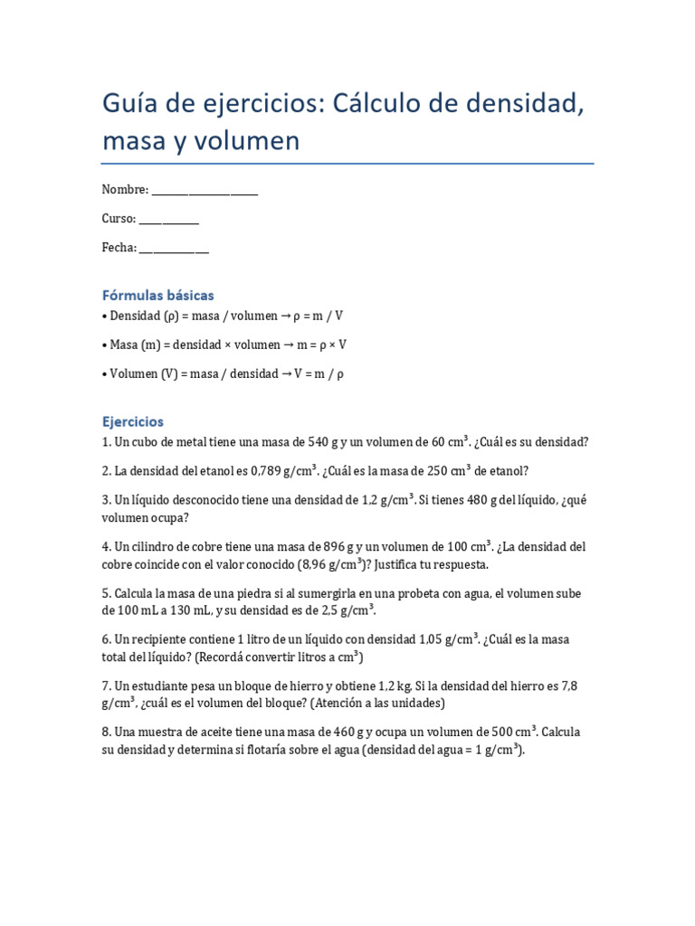 Guia Ejercicios Densidad Masa Volumen | PDF