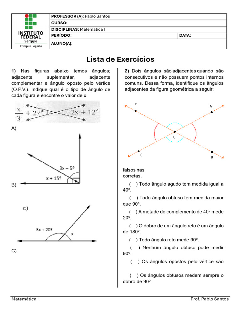 Lista de Exercicios - Angulos - Matemática I | PDF | Ângulo | Trigonometria