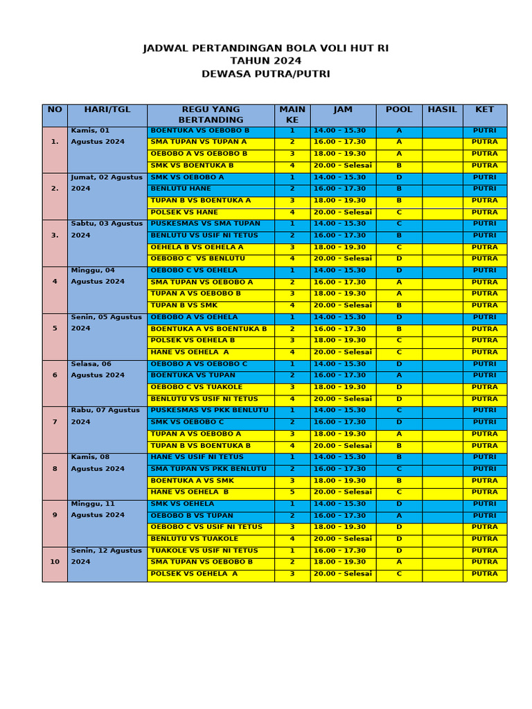Jadwal Pertandingan Bola Voli Hut Ri Tahun 2024 | PDF