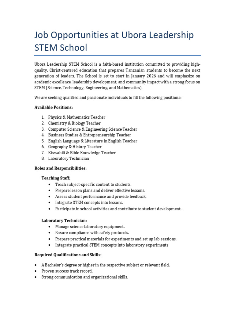 Ubora Leadership STEM School Teaching Positions Advert | PDF | Science ...