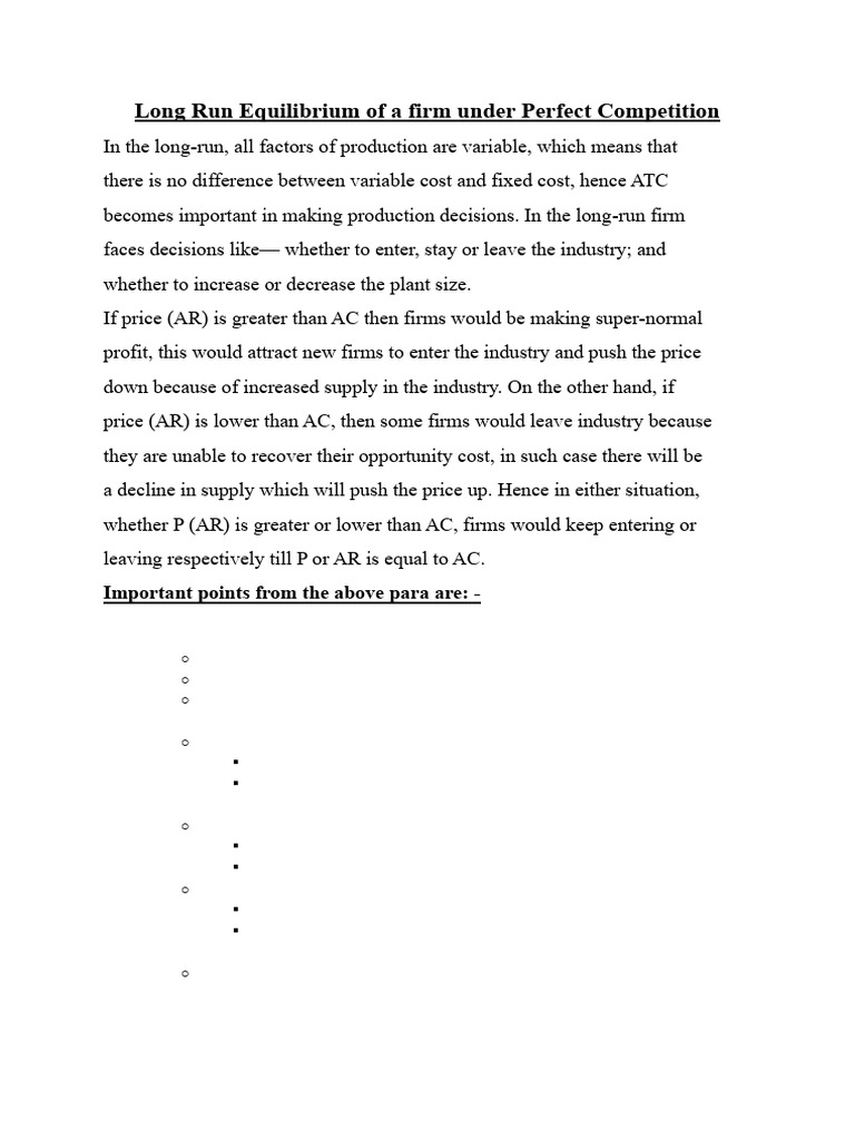 Long Run Equilibrium of A Firm Under Perfect Competition | PDF ...