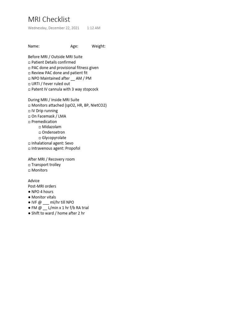 MRI Checklist | PDF