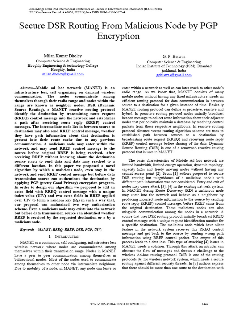 Secure DSR Routing From Malicious Node by PGP | PDF | Wireless Ad Hoc Network | Routing
