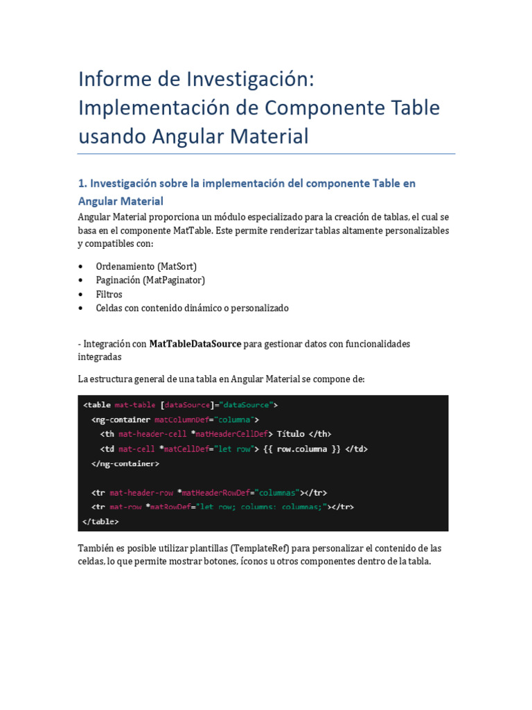 Informe Tabla Angular Material | PDF | Informática | Tecnologías de la información