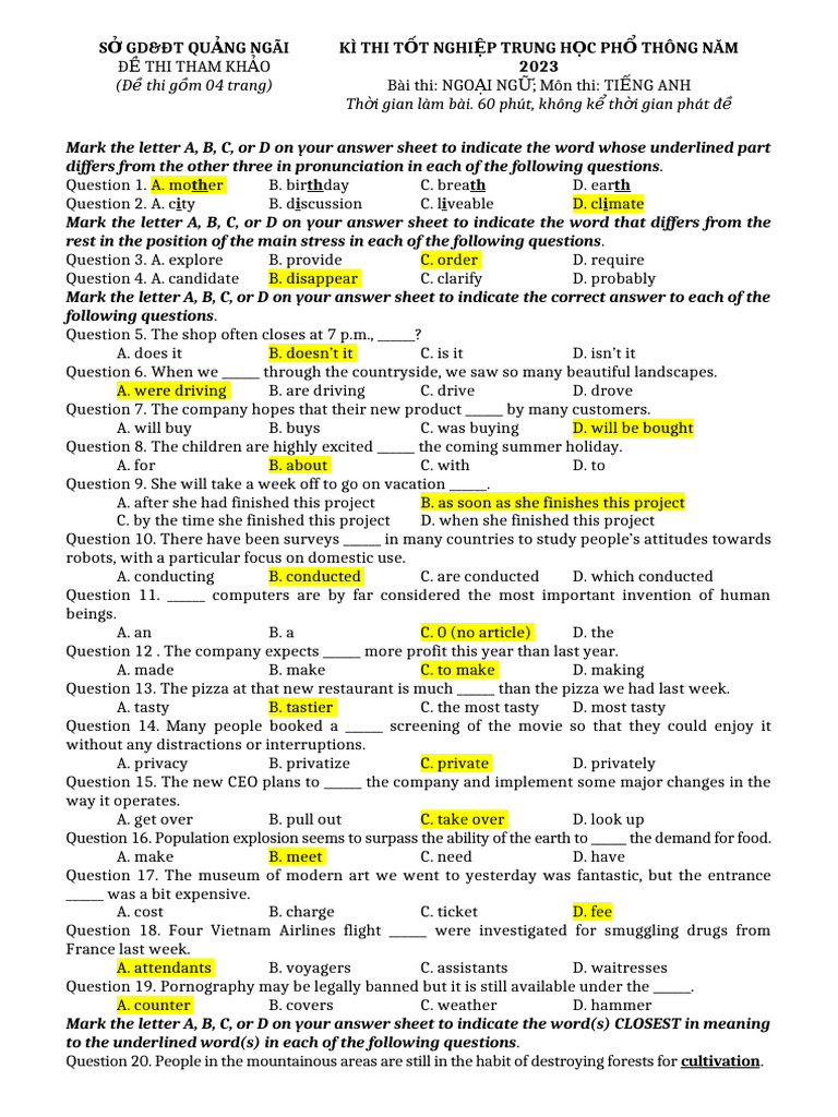 English Exam Questions for High School 2023 | PDF | Body Language ...