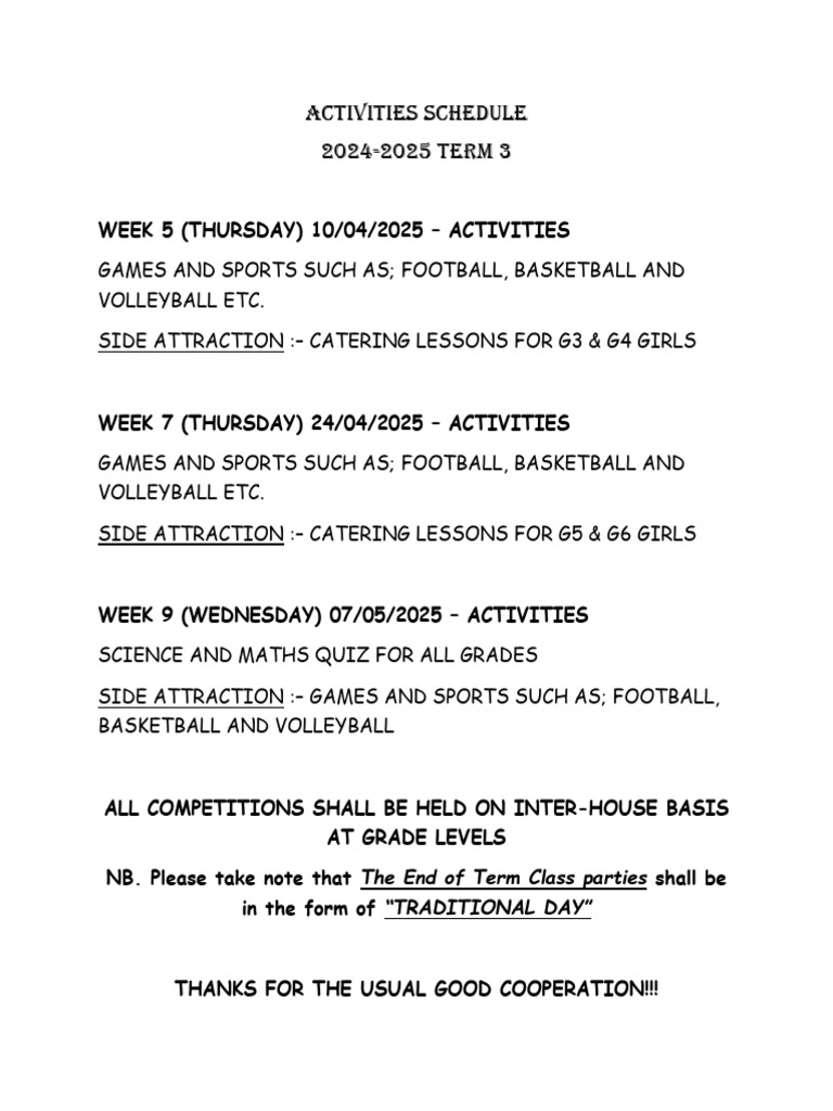2024-2025 Term 3 Activities Schedule | PDF