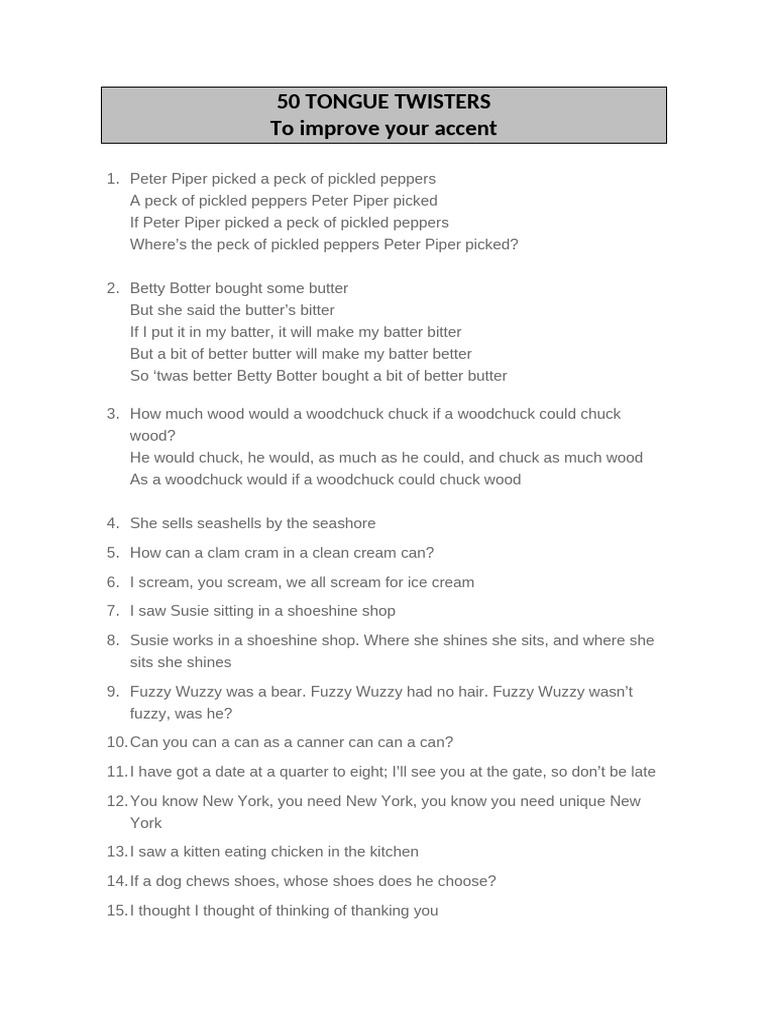 50 Fun Tongue Twisters for Pronunciation | PDF