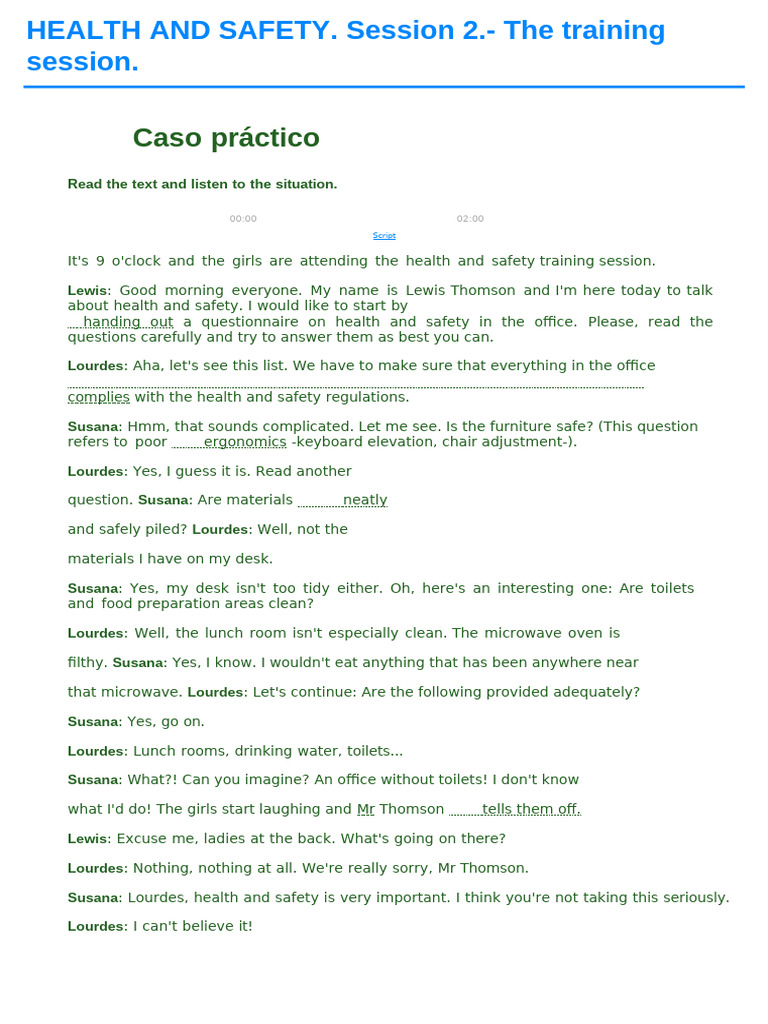 INGLÉS 6 - 2 HEALTH AND SAFETY. Session 2. - The Training Session | PDF | Grammar | Linguistics