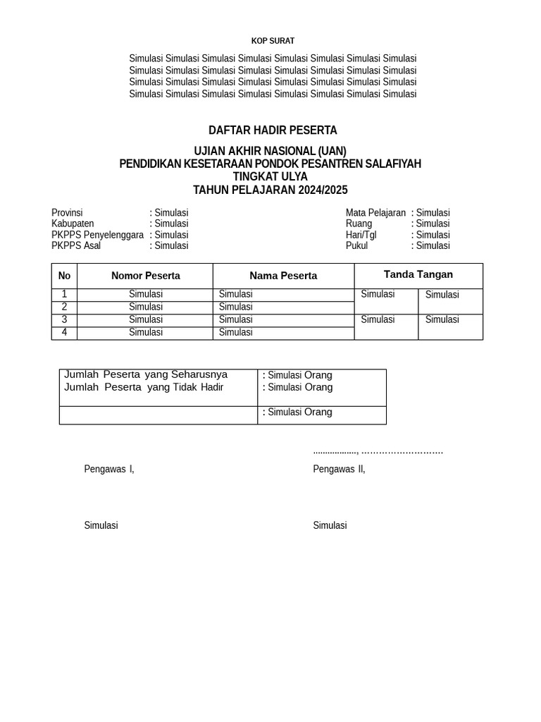 Format Daftar Hadir Ujian | PDF