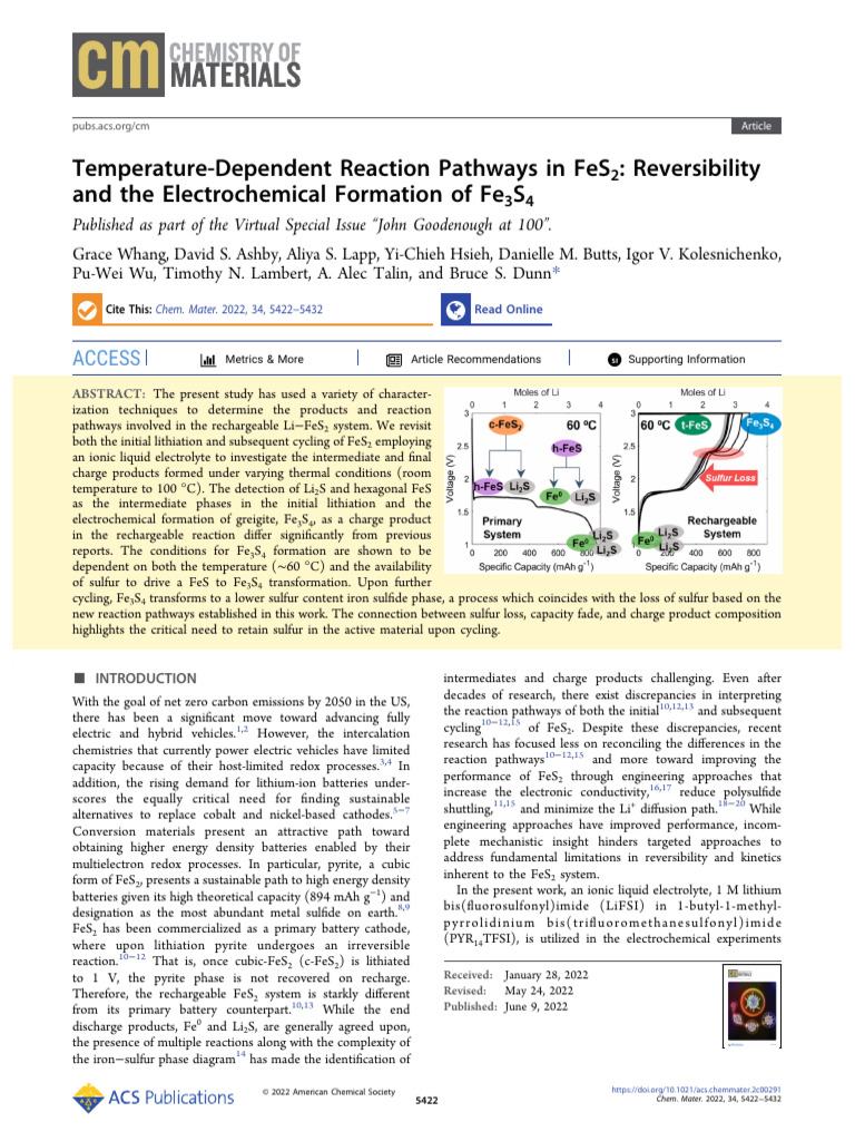 Temperature-Dependent Reaction Pathways in FeS2 - Reversibility and The ...