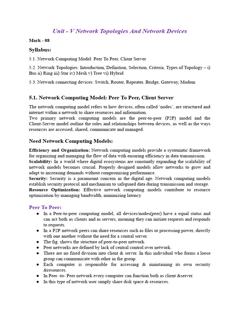 Unit - V Network Topologies And Network Devices.docx | PDF | Computer Network | Network Topology