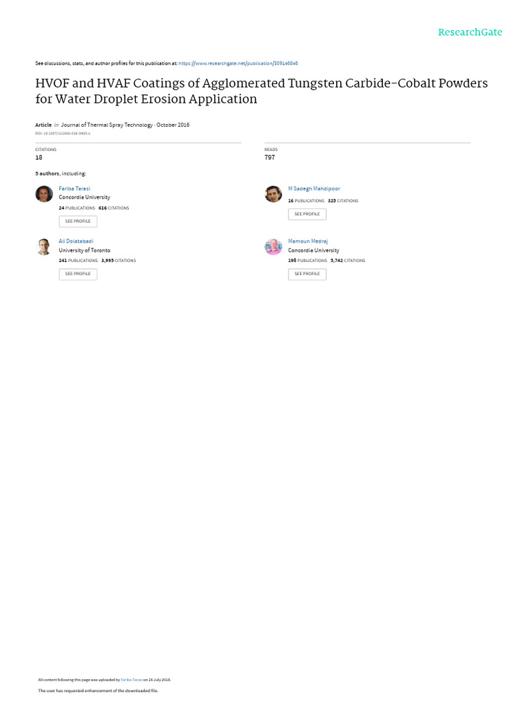 HVOF and HVAF Coatings of Agglomerated Tungsten CA | PDF | Sintering ...