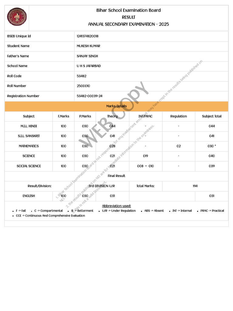 Secondary Annual Result 2025 | PDF | Educational Stages | Qualifications