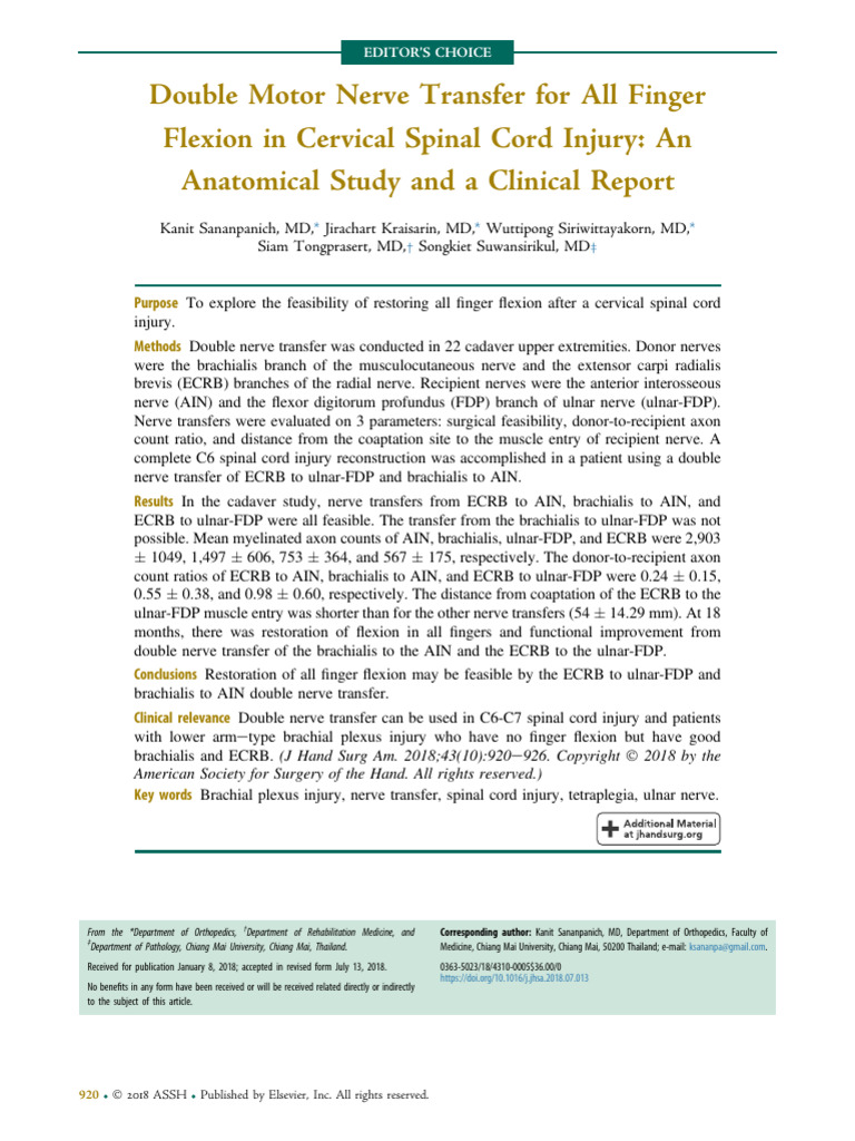 Double Motor Nerve Transfer For All Finger Flexion in Cervical Spinal ...