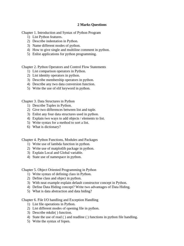 Important Questions PWP 22616 Chapterwise | PDF | Python (Programming Language) | Computer Program