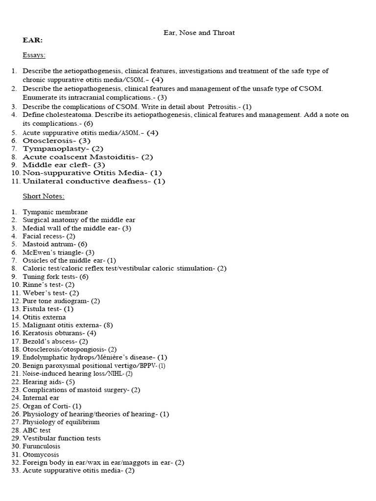 ENT Disorders: Essays and Short Notes | PDF | Ear | Cataract