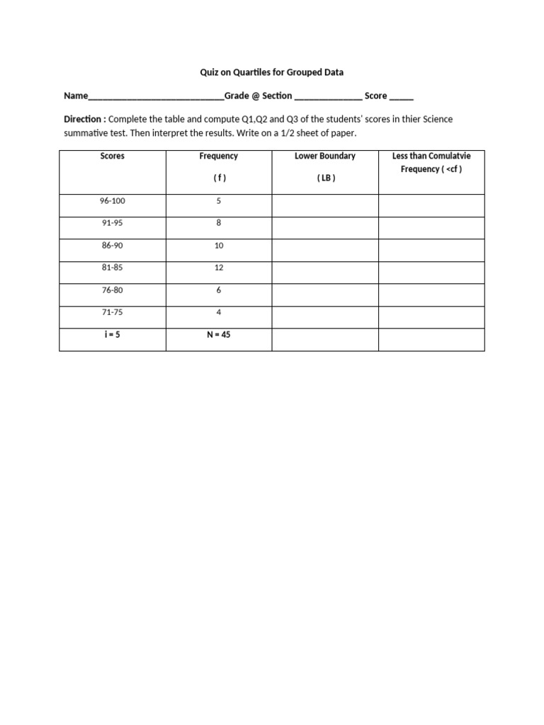 Quiz in Quartile For Grouped Data | PDF
