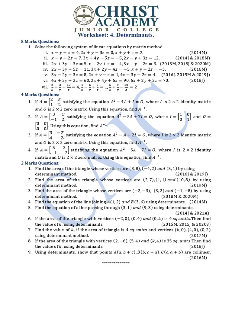 Determinants Worksheet 2025-26 | PDF | Determinant | Matrix (Mathematics)
