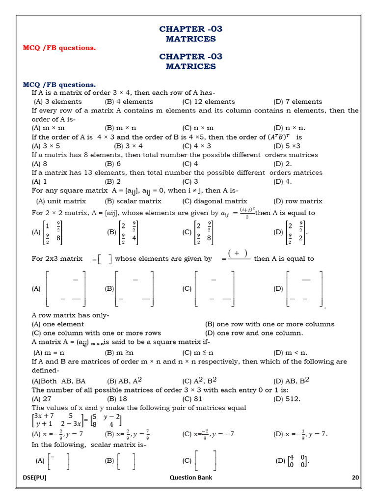 3.Matrices MCQs | PDF | Matrix (Mathematics) | Matrix Theory
