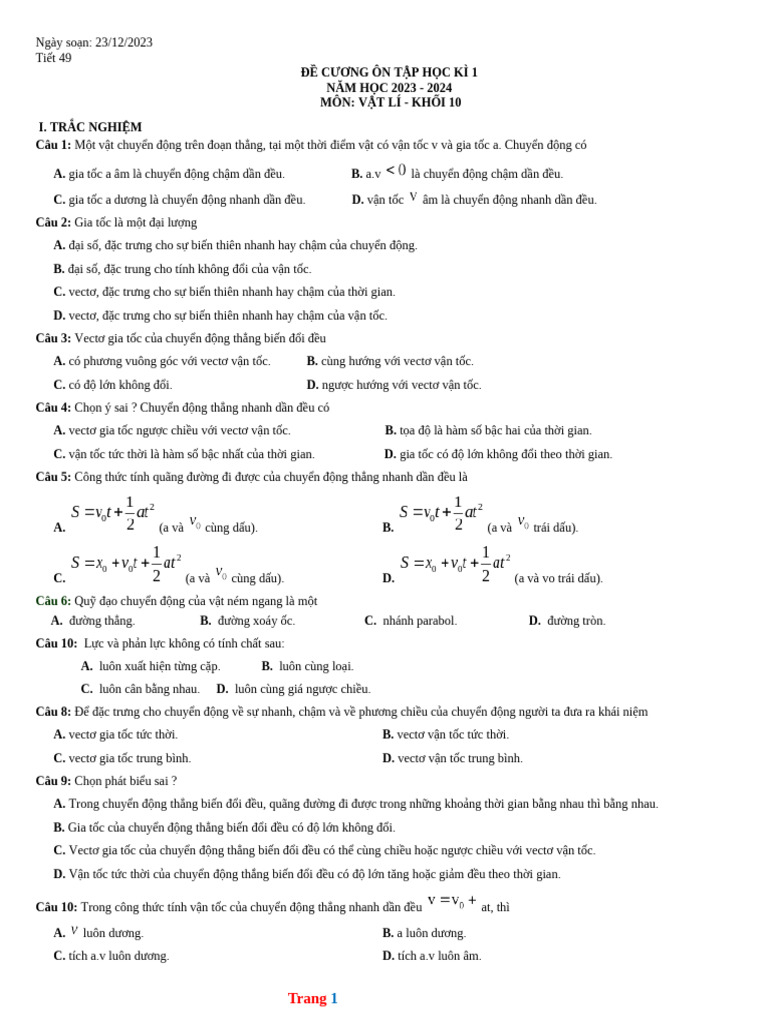 De cuong on tap học kỳ 1 Vat li 10 KNTT nam 23 24 | PDF