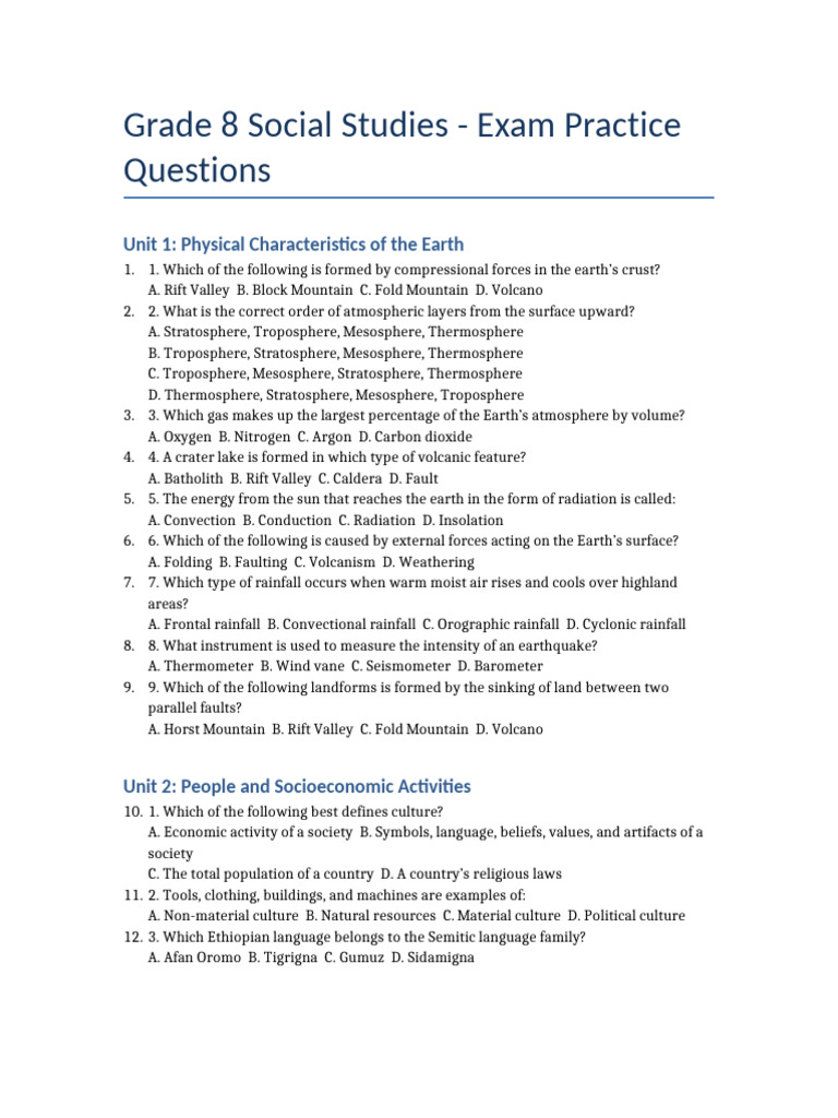 Grade 8 Social Studies Exam Practice | PDF | Atmosphere Of Earth | Ethiopia