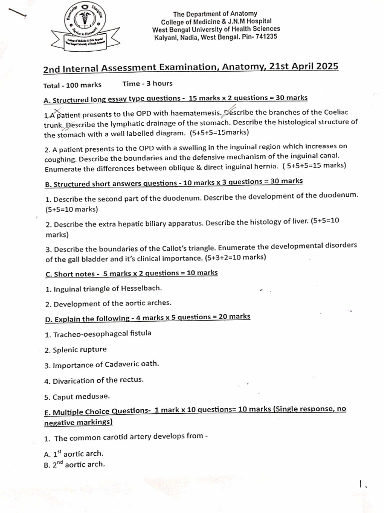 2nd Internal Assessment Examination, Anatomy, COMJNMH, 21-04-2025 | PDF