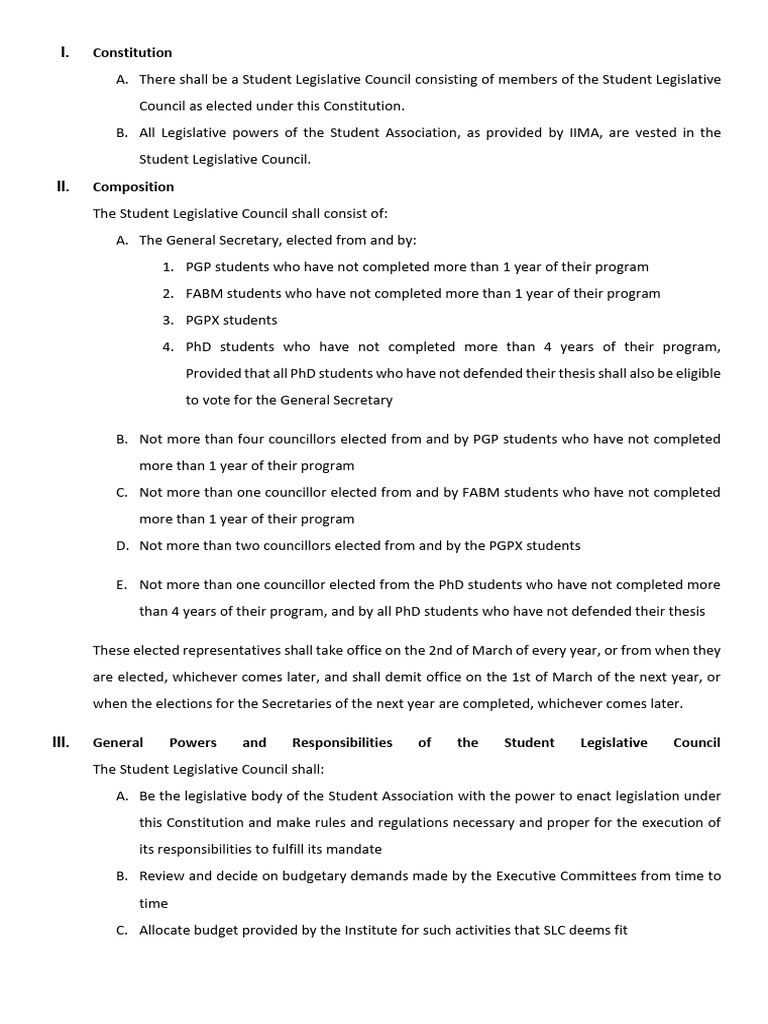 Student Legislative Council Constitution | PDF | Quorum ...