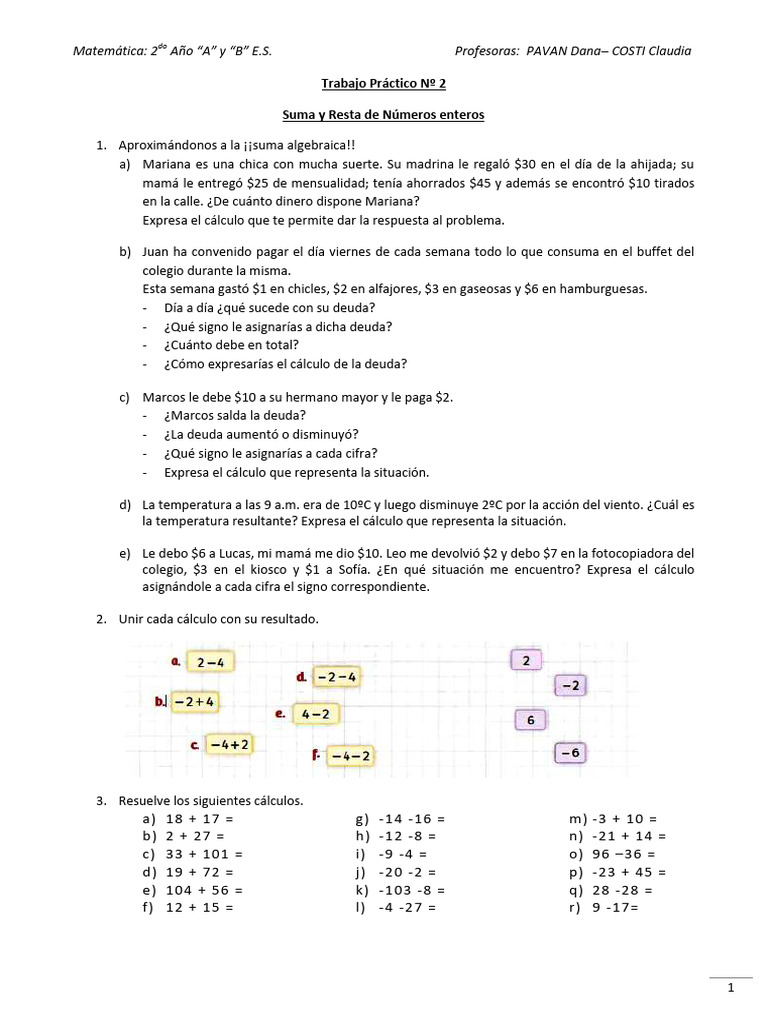 Trabajo - Pr-Ctico Nro 2 - Suma y Resta de Nros Enteros - 2do A-O | PDF | Soporte