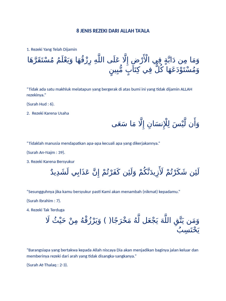 8 Jenis Rezeki dari Allah Ta'ala | PDF