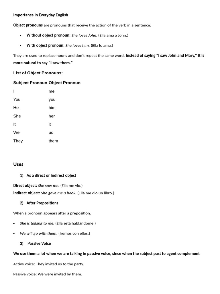 Los Object Pronouns Son Pronombres Que Reciben La Acción Del Verbo en Una Oración | PDF